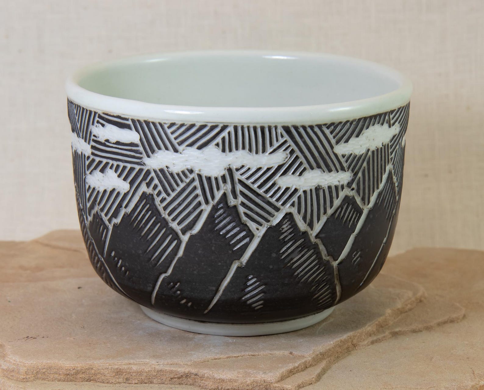 Black and White Mountain Bowl - Hand Carved Porcelain Sgraffito Bowl ...