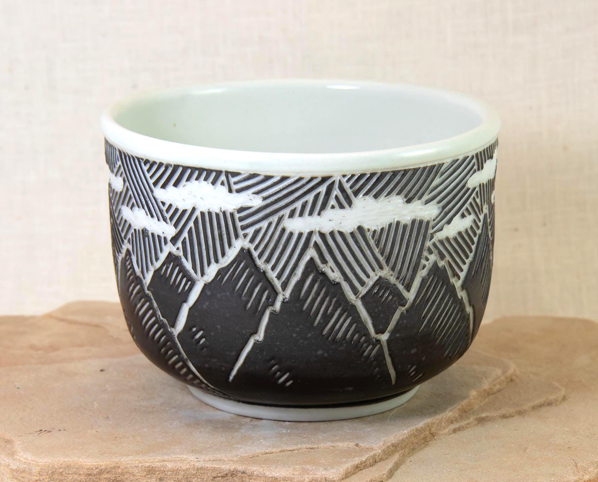 Black and White Mountain Bowl - Hand Carved Porcelain Sgraffito Bowl ...