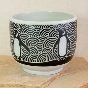 Hand Carved Porcelain Penguin Bowl - Black and White Sgraffito Bowl ...