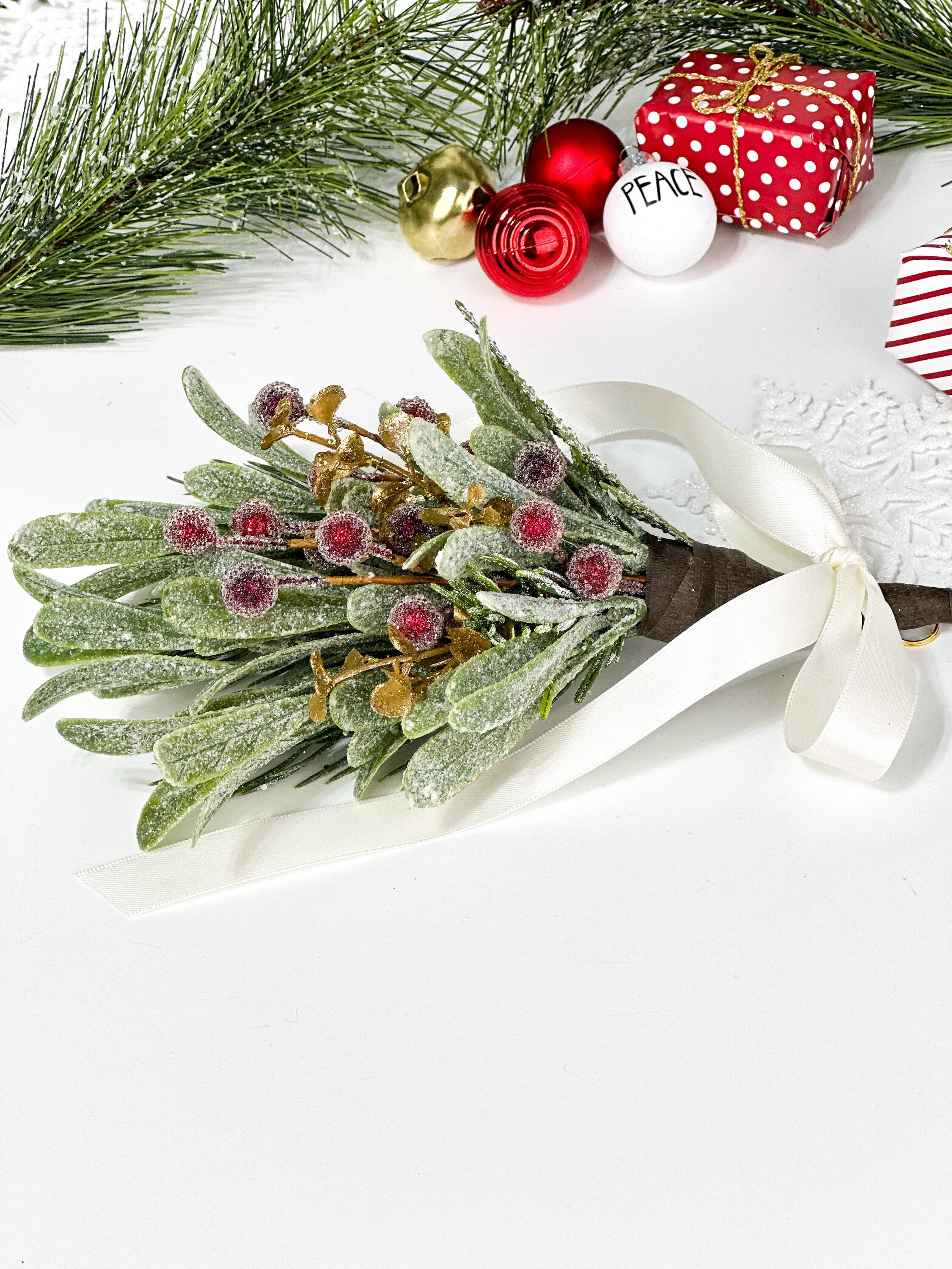 MISTLETOE, Frosted RED Mistletoe, Faux Mistletoe, CHRISTMAS, Christmas ...