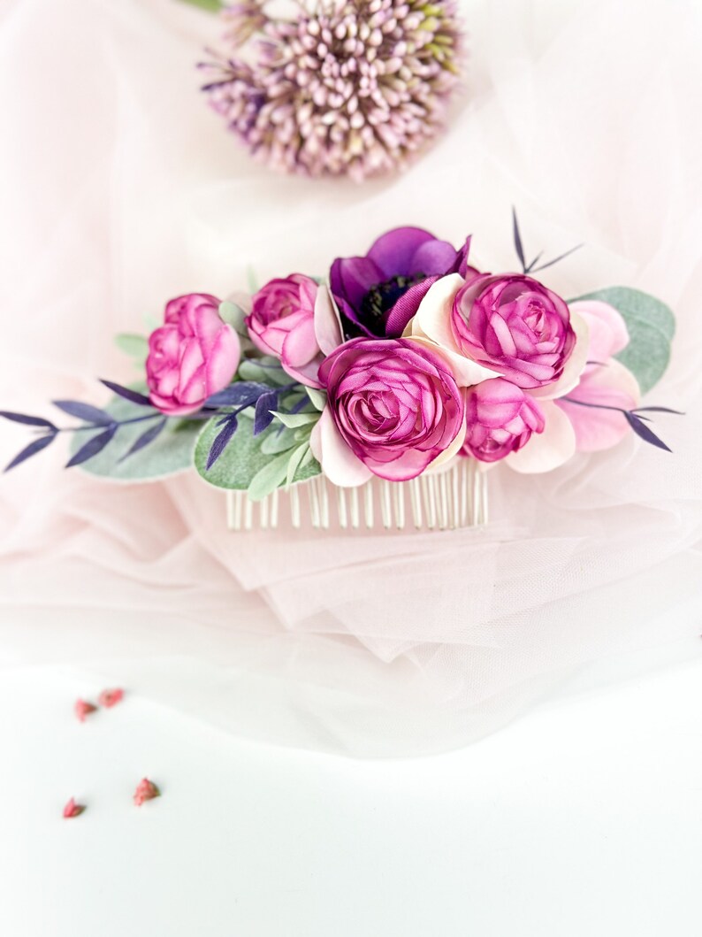 BRIDE'S Flower Comb, Purple Flower Comb, Anemone Flower Comb, Wedding ...