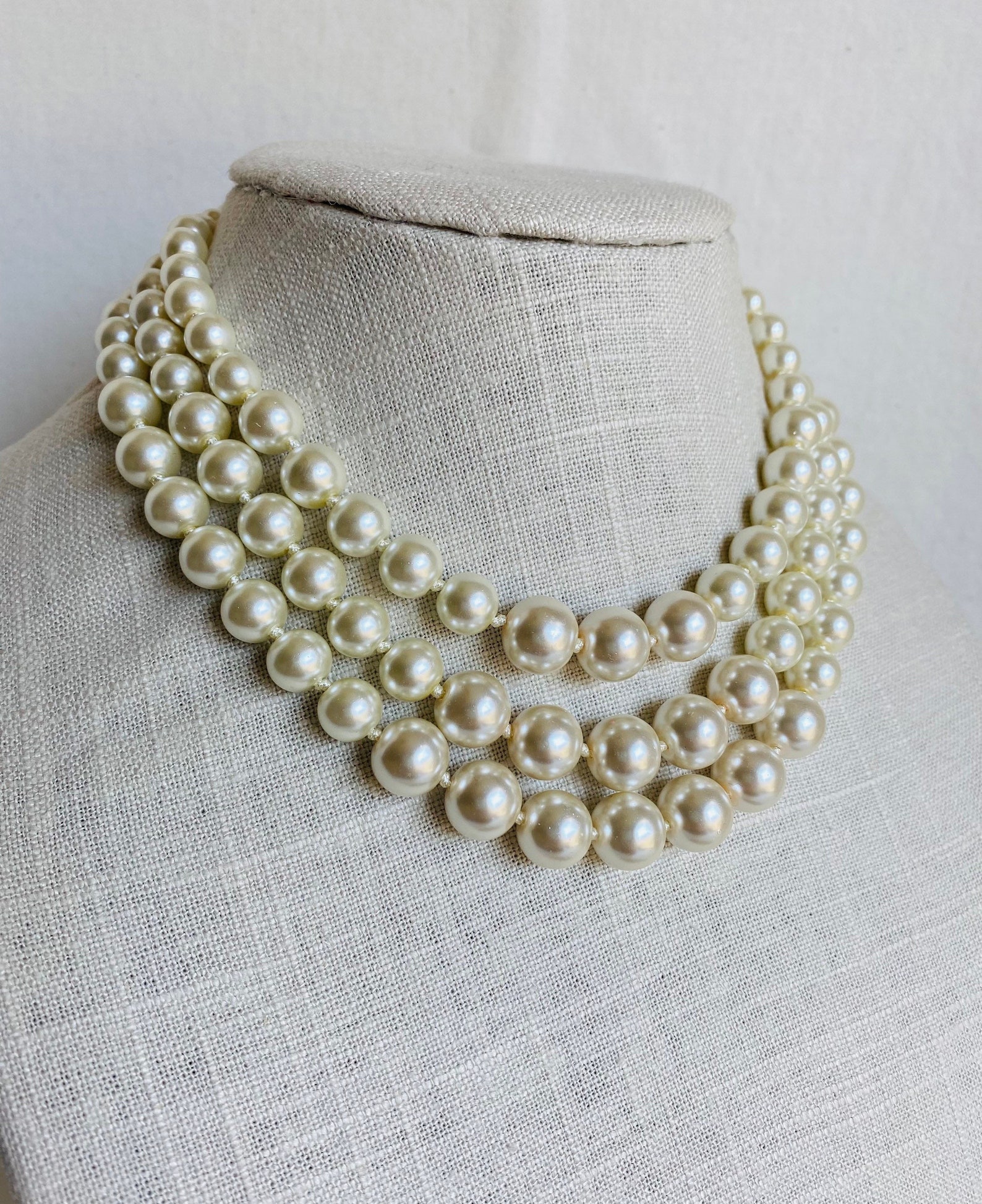 Hand Knotted 3-layer Glass Pearl Necklace, Graduated Pearls, Bridal ...