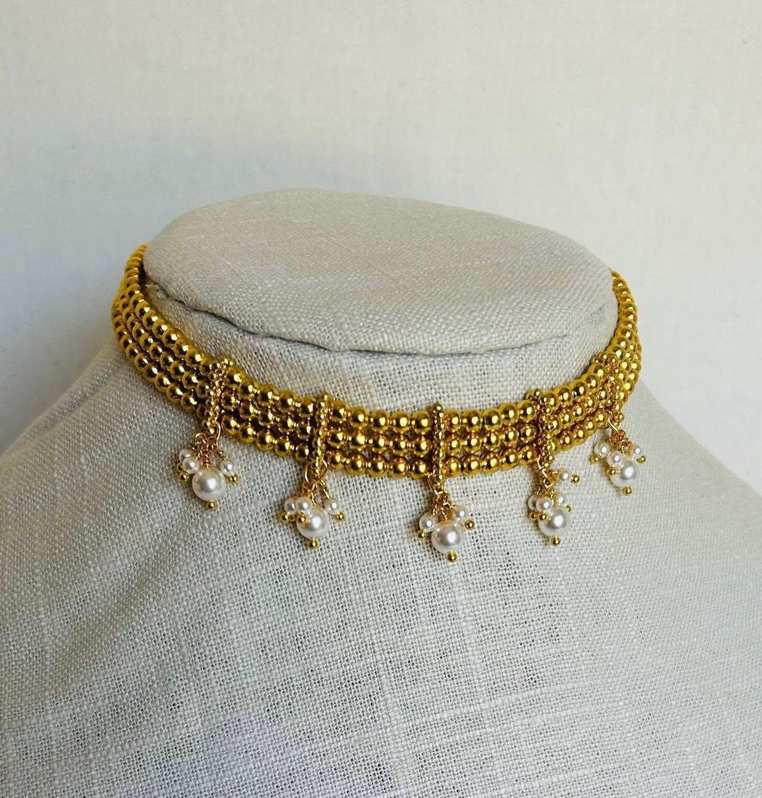 Golden Marathi Thushi Choker: 3-strand Indian Necklace With Earrings - Etsy