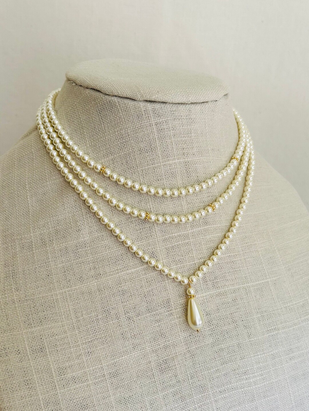 14k Gold Plated 3 Layer Pearl Necklace, Multi Strand Pearl Necklace, 3 ...