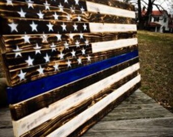 Wooden Rustic Style Thin Blue Line American Flag With - Etsy