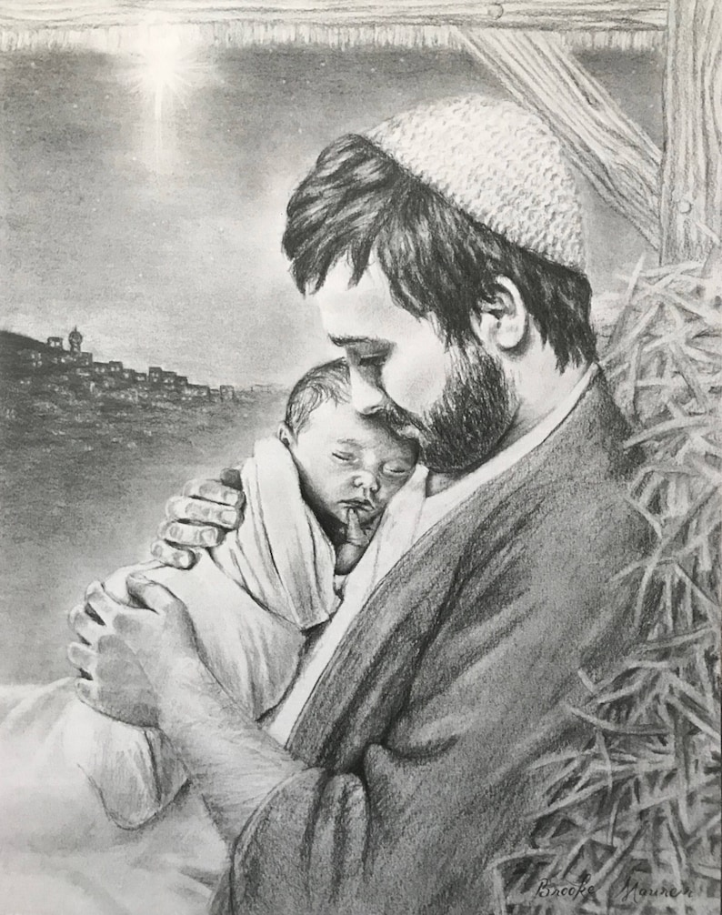 Joseph Holding Baby Jesus, Nativity, Christmas Drawing, Family Gifts ...