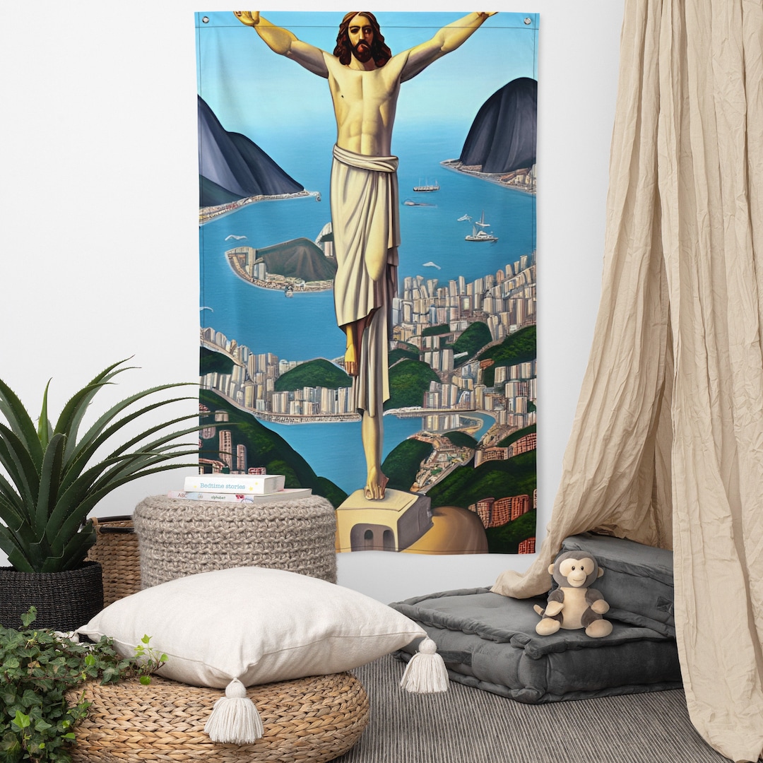 Original Painting of Corcovado Wall Tapestry - Mighty Jesus Over Rio De ...