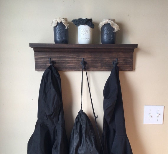 Rustic Shelf With Hooks in Dark Brown Finish Modern Farmhouse - Etsy