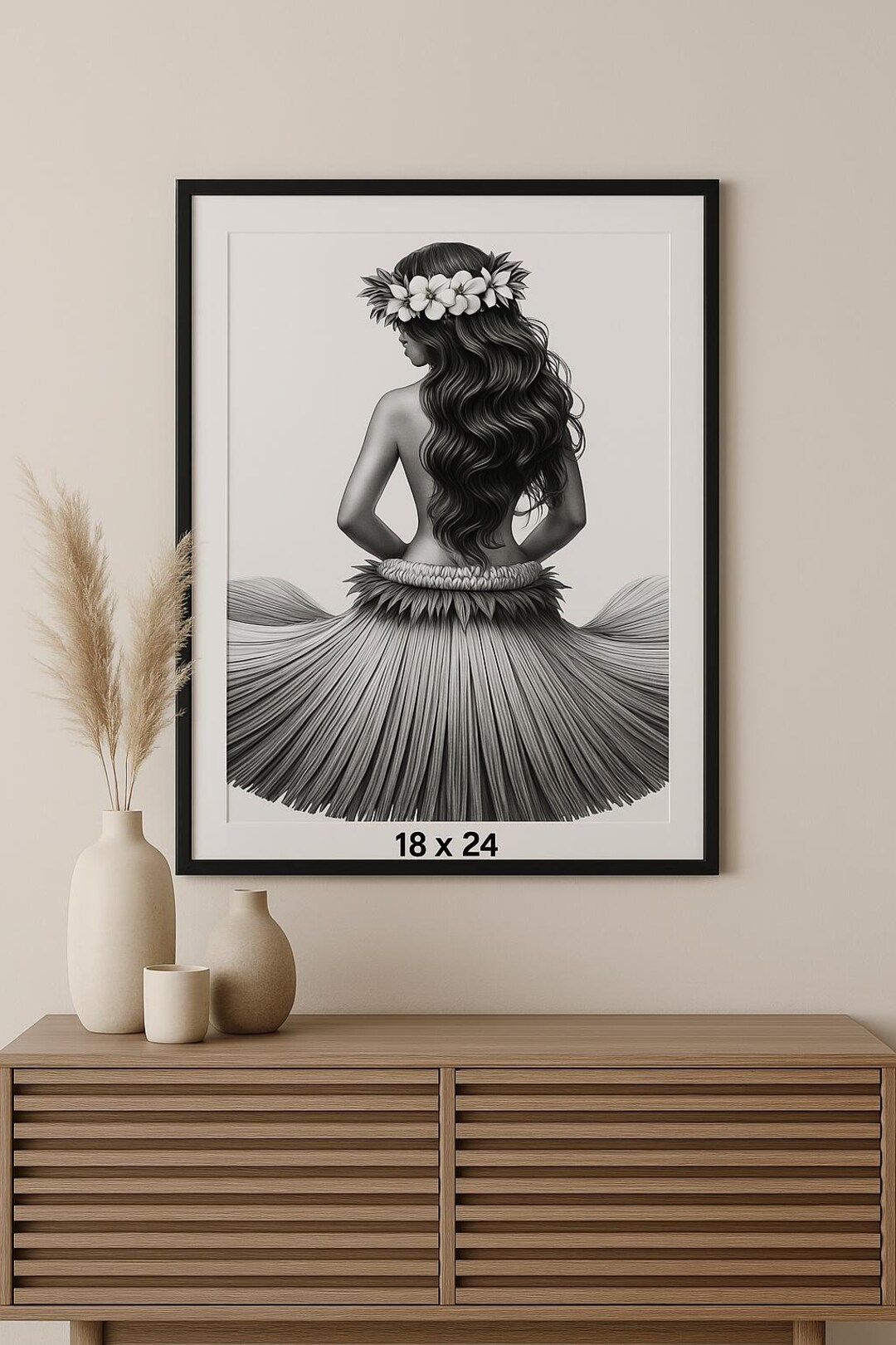 Grayscale Hula Girl Wall Art – 18x24in, 300 DPI – Instant Digital ...