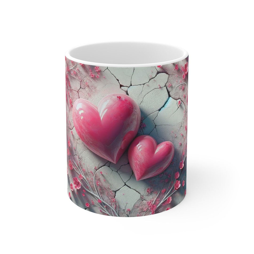 Double Pink Heart Ceramic Love Mug, AI Art Designed, Pink Hearts ...