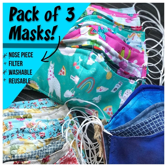 3 PACK Face Masks W/ Filter Pocket Nose Piece washable & | Etsy