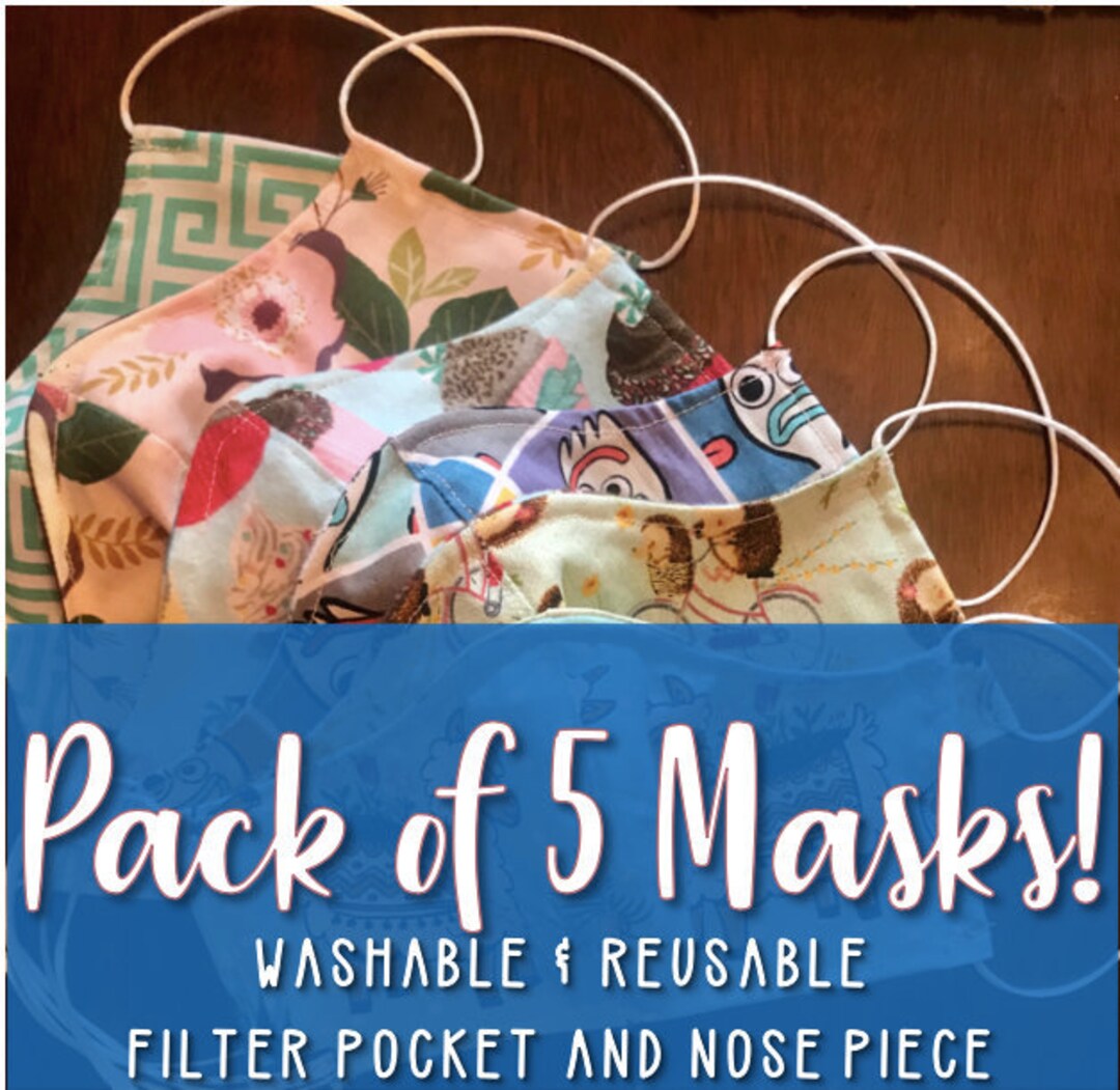 5 PACK! Face Masks W/ Filter Pocket + Nose Piece (washable & Reusable ...