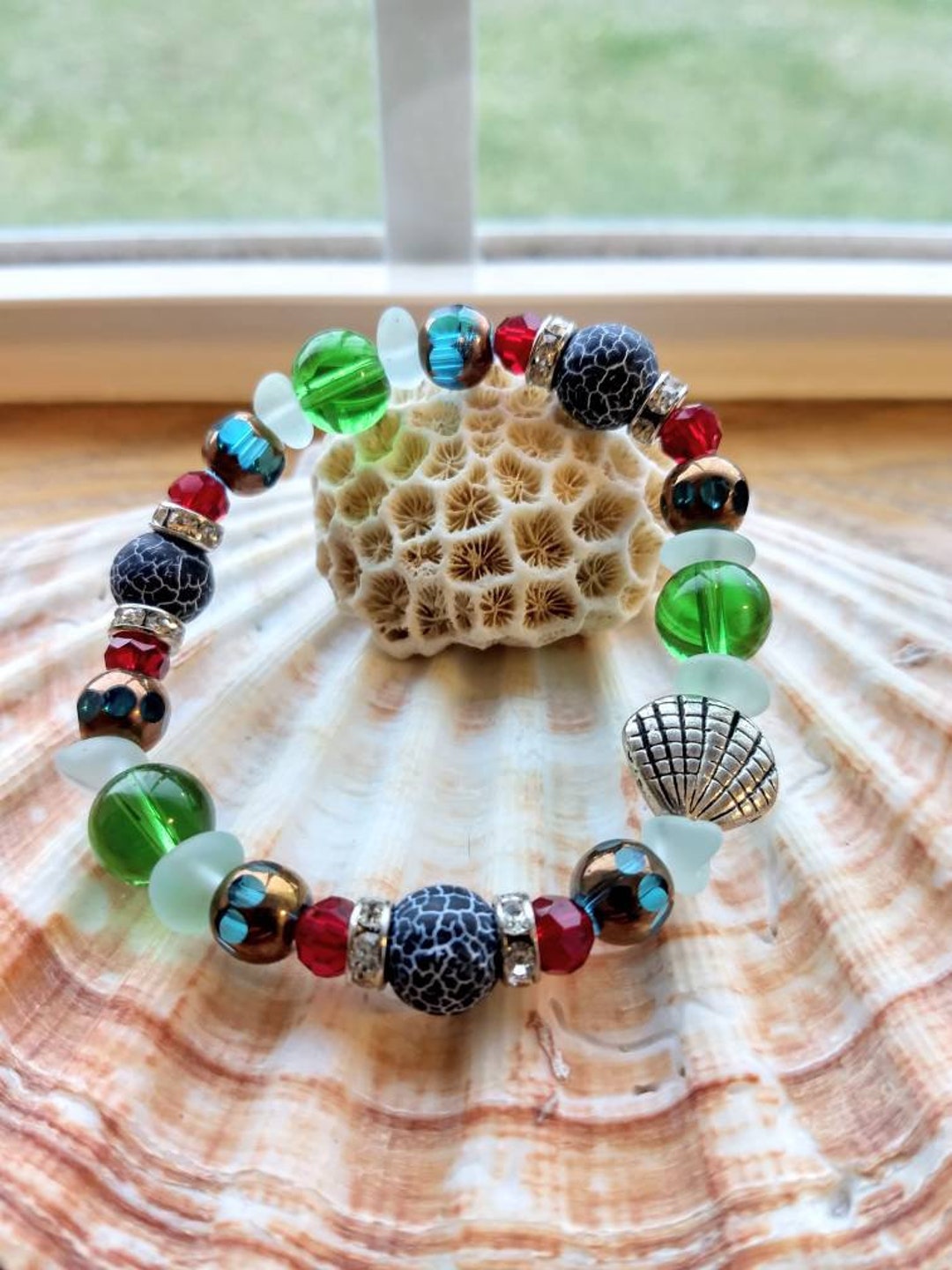 MOANA Bracelet, Sea Glass Bracelet, Green Glass Bracelet, Silver Bead ...