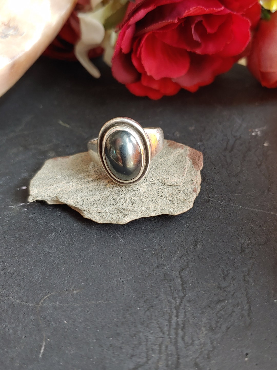 Vintage Georg Jensen Sterling Silver Hematite Ring #46B - Modernist Design - Designed by Harald ...