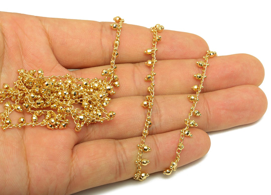 Brass Disco Ball Beaded Satellite Chain - Handmade Curb Chain - Brass ...