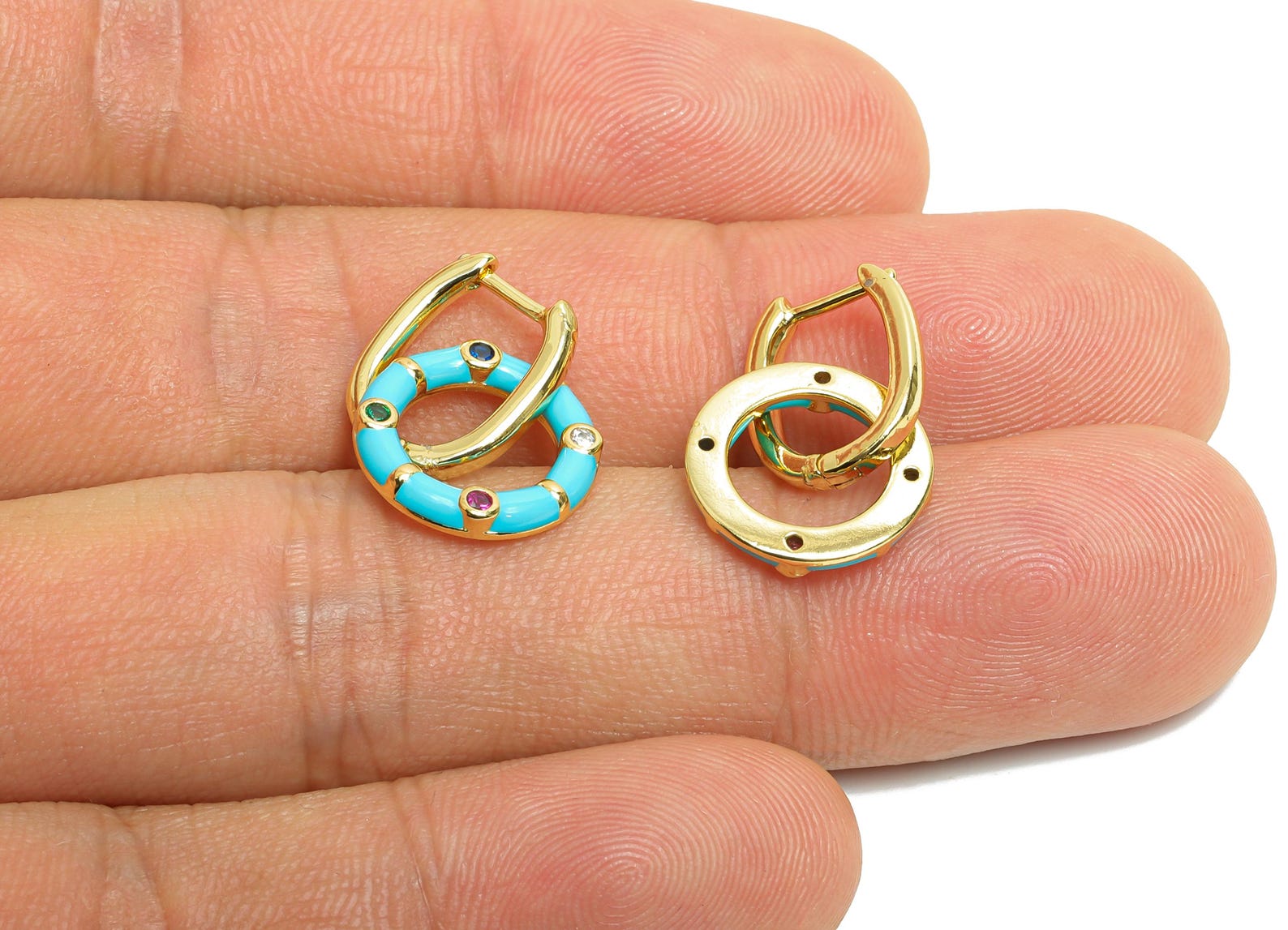 Dangle U Hoop Clasp Earring - Blue Enamel Donut Earring - Brass CZ ...