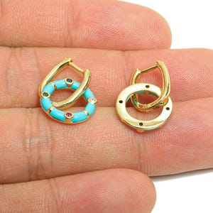 Dangle U Hoop Clasp Earring - Blue Enamel Donut Earring - Brass CZ ...
