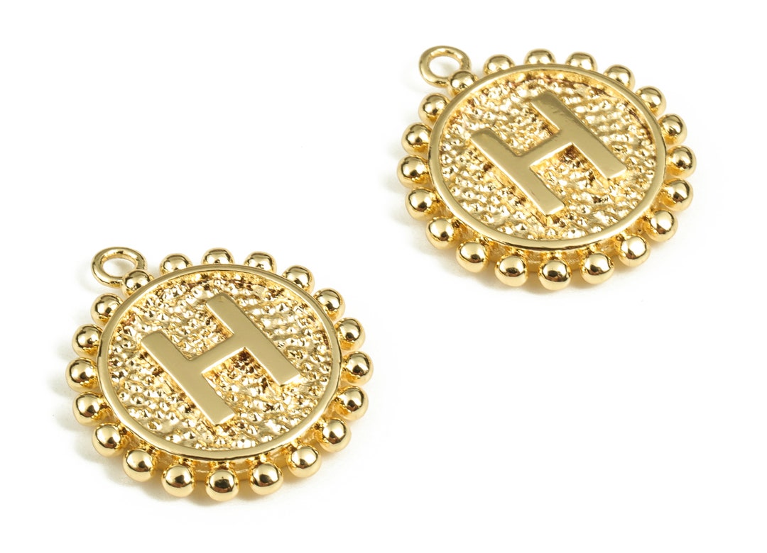 Brass Round Letter H Charms Initial H Gold Round Pendant 18K Real Gold ...