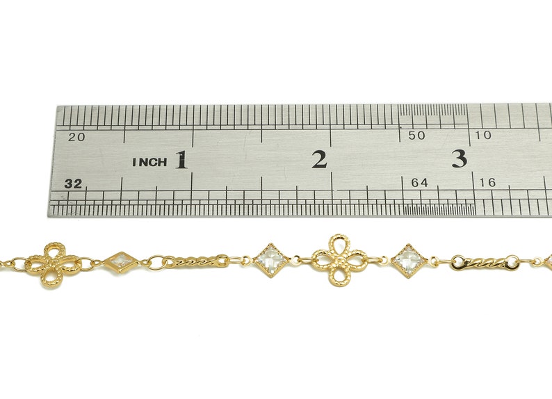 Brass Flower Link Chain Gold Link Chain Cubic Zirconia CZ - Etsy