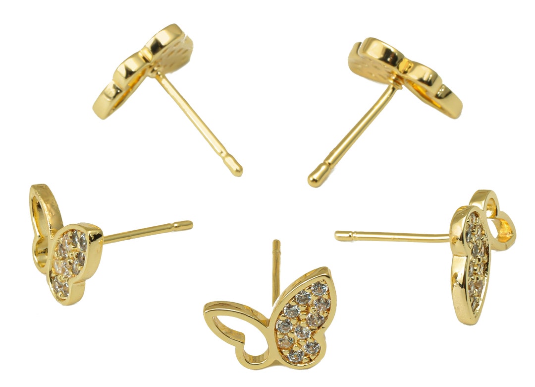 Brass Butterfly Earring Stud - Brass Cubic Zirconia Earring Post- CZ Butterfly Earring Post ...