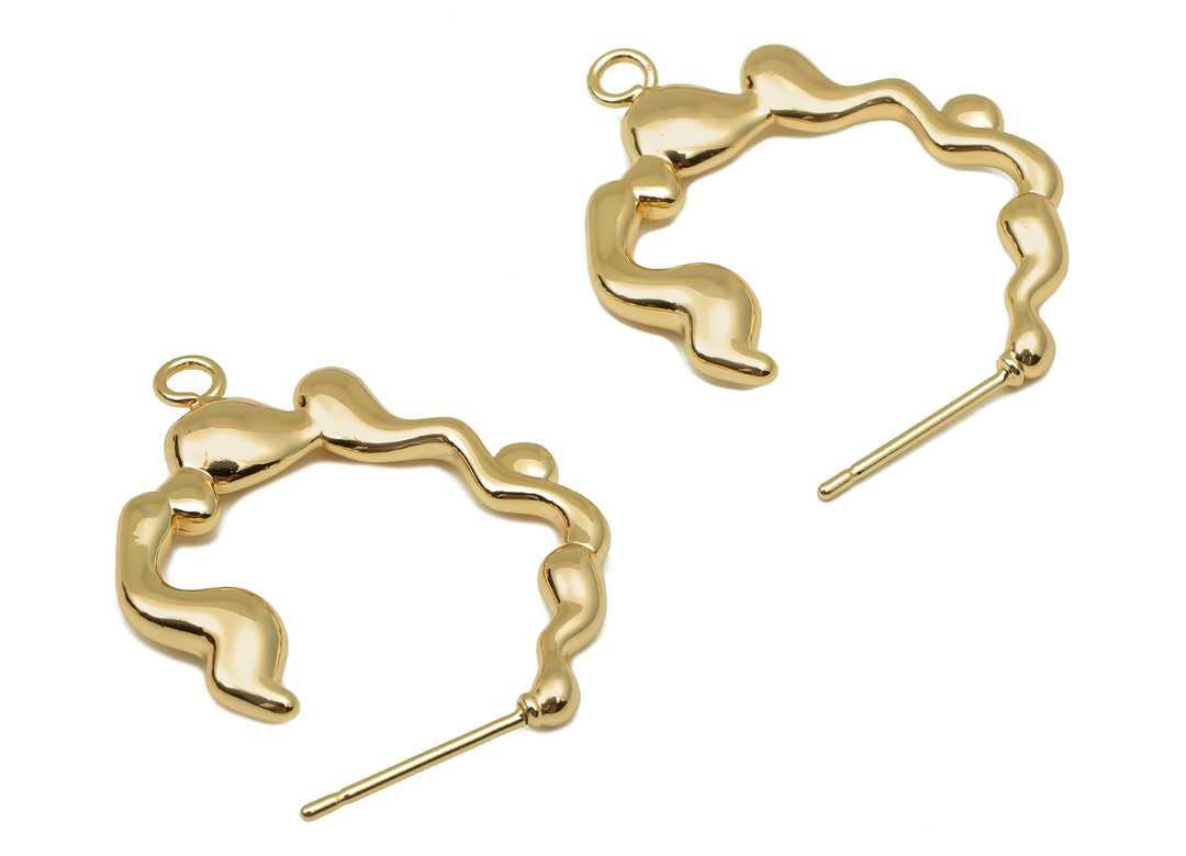 Brass Wave Hoop Stud Earrings - Curved Gold Melting Earring Post - Wavy ...