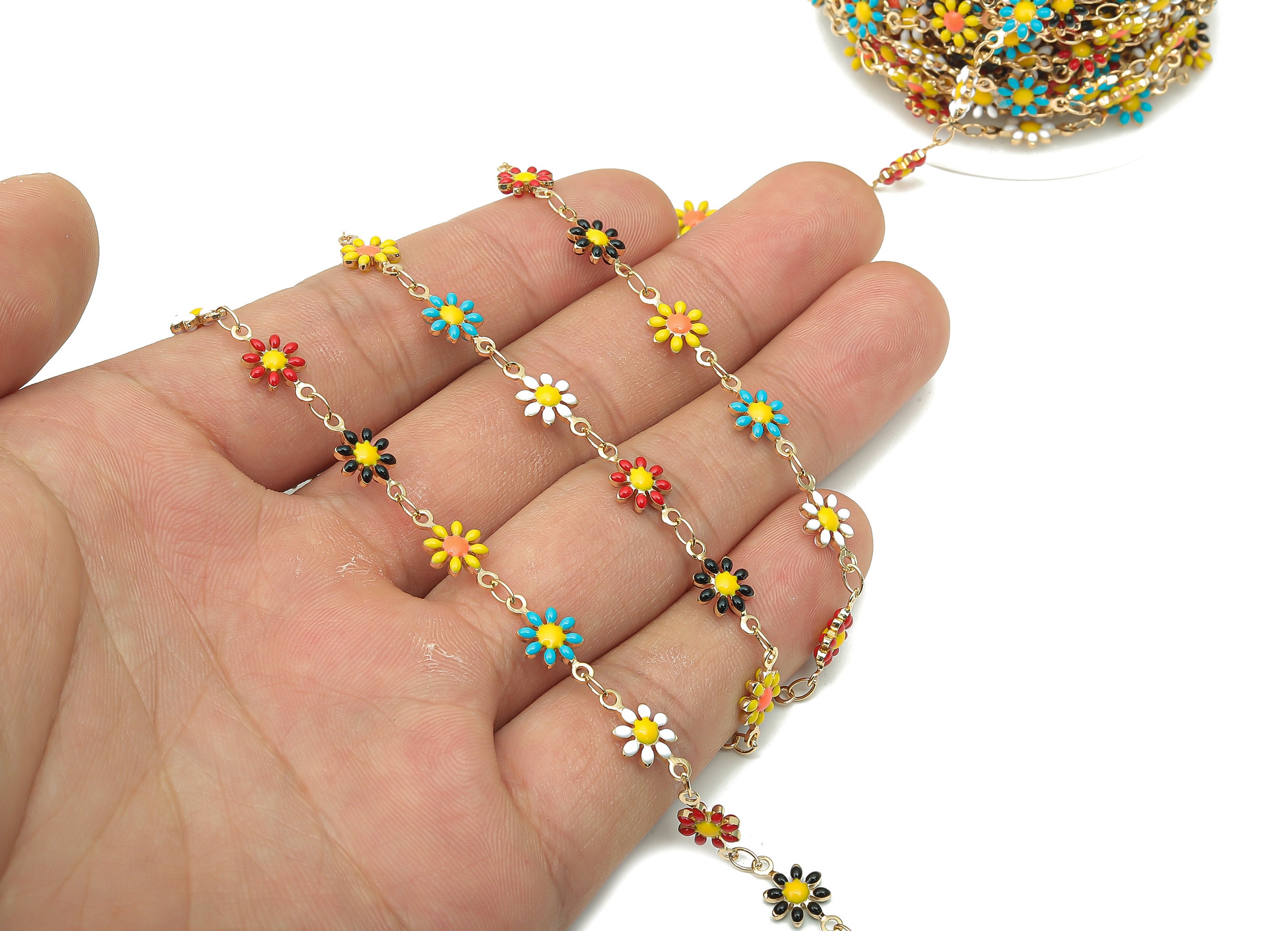 Brass Daisy Chain Enamel Flower Chains Floral Links Chain - Etsy