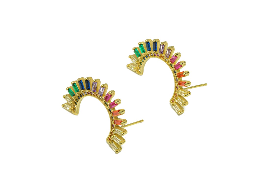 Rectangle CZ C Hoop Earring - Raw Brass Rainbow Open Hoop Zircon ...