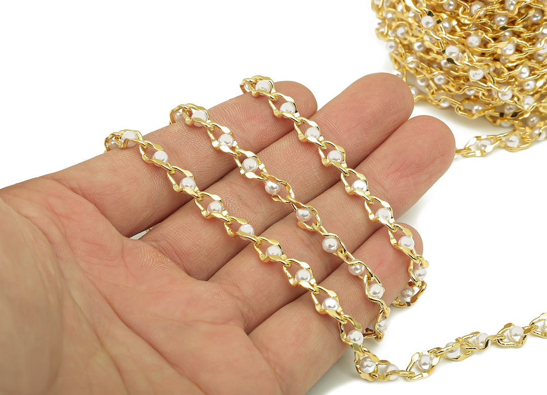 Brass Hammered Cable Chain - Gold Curb Chain - Pearl Bead Chain - Gift ...