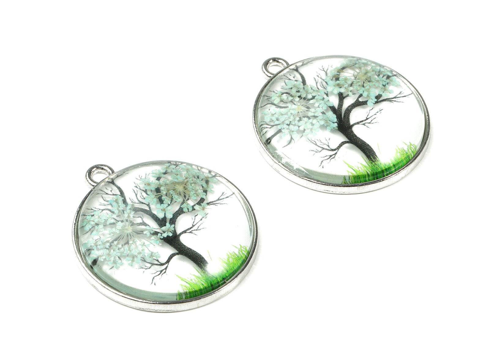 Real Flower Tree Pendant - Pressed Blue Flower in Round Glass ...
