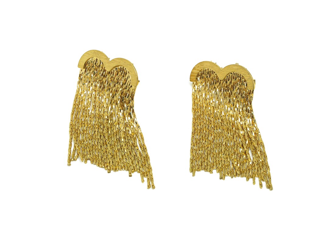 Brass Wings Tassel Earring - Textured Heart Snake Chian Ear Post - Gold ...