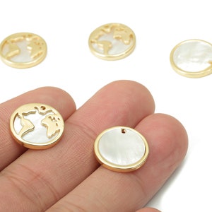 Brass Round World Map Charms - Shell World Map Circle Pendant - 18K ...