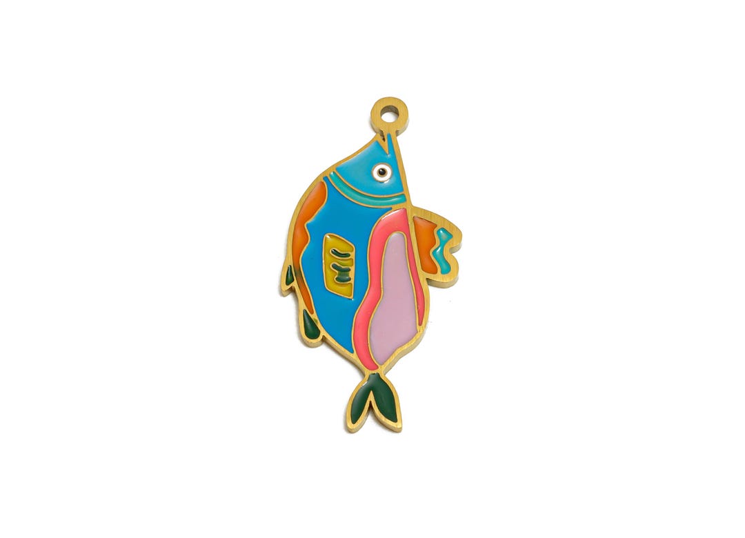 Steel Enamel Fish Charm - Playful Colorful Etched Marine Life Pendant ...