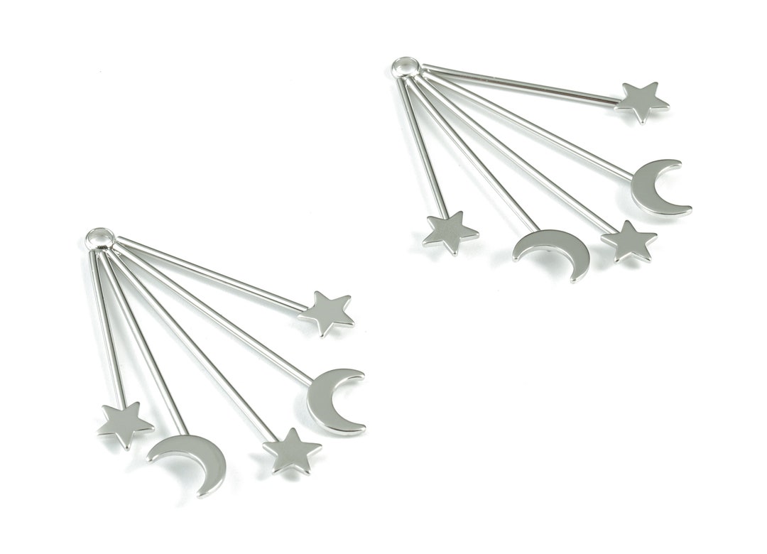 Silver Stars Moon Earring Charms - 18K Real White Gold Plated Stars ...