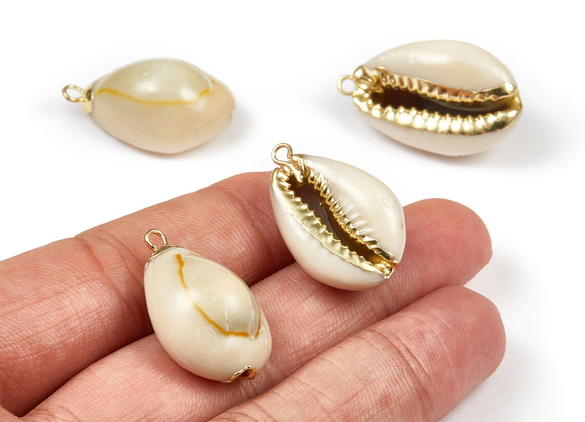 Cowrie Seashell Charms - Mussel Shell Earrings and Pendant - Gold Tone ...