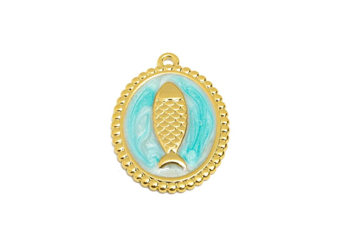 Steel Enamel Fish Medallion - Vintage Lucky Fish Amulet Pendant - DIY ...