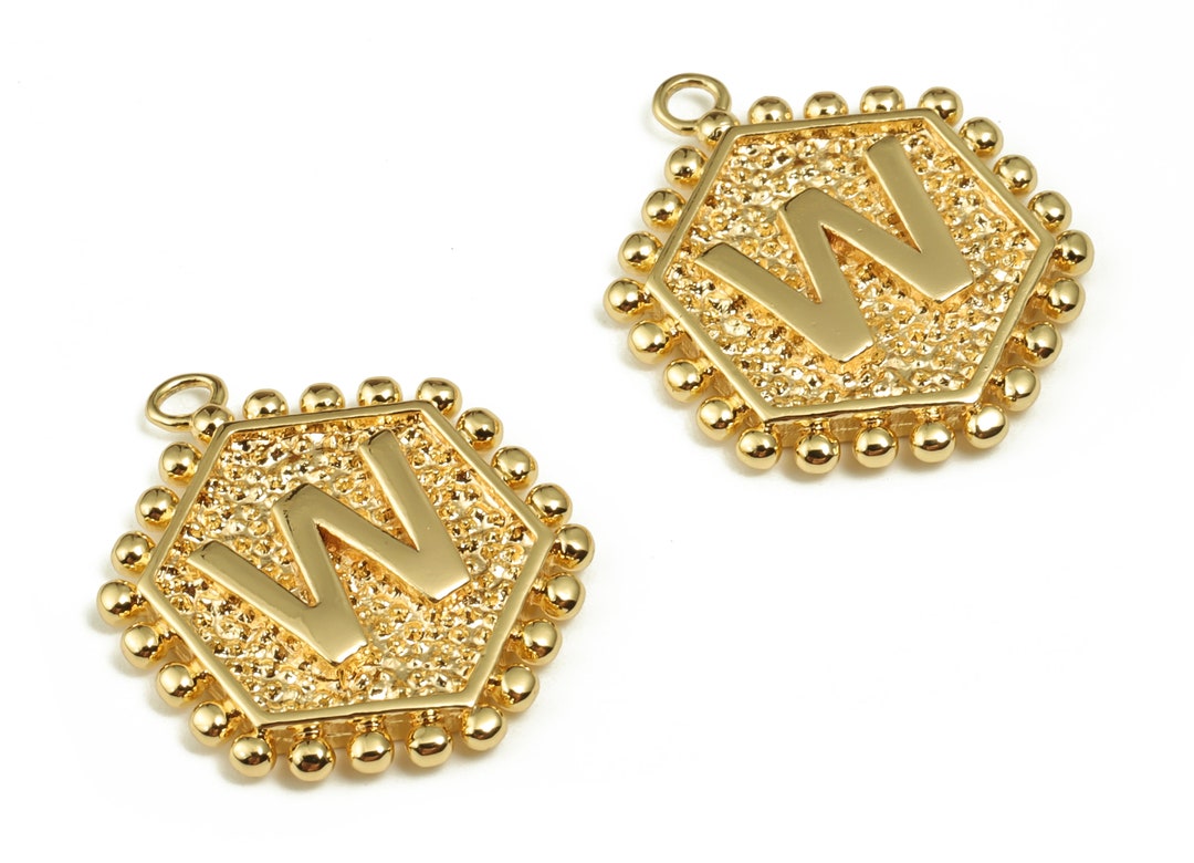 Brass Hexagon Letter W Charms - Alphabet Pendant Charm - 18K Shiny Gold ...