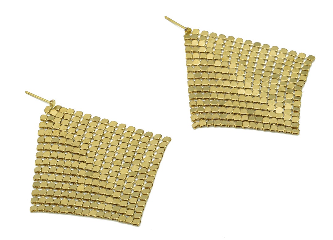 Brass Diamond Tassel Earrings Stud - Raw Brass Square Mesh Earring Post ...