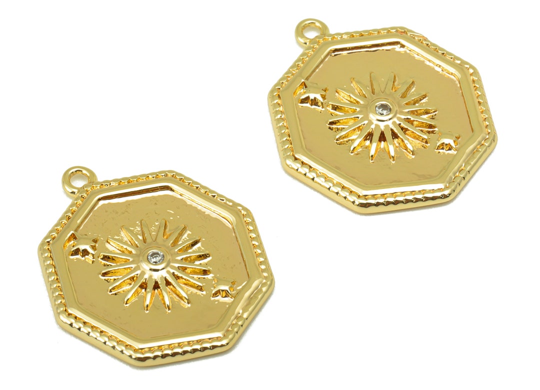Brass Octagon Earring - Brass Textured Sun CZ Charms - Cubic Zirconia ...