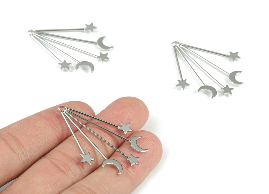 Silver Stars Moon Earring Charms - 18K Real White Gold Plated Stars ...