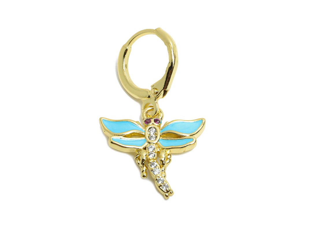 Brass Dragonfly Hoop - Zircon Enamel Lever Back Hoop - Gold Insect ...