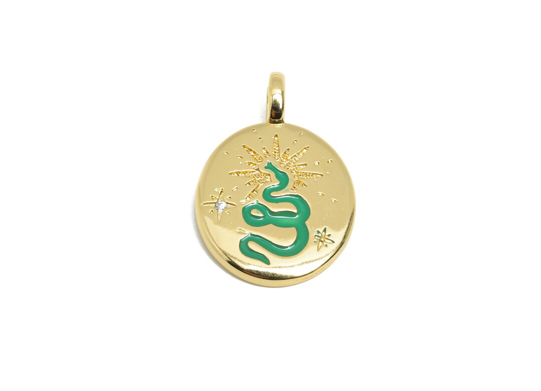 Snake Enamel Oval Pendant - Brass Symbol of Protection Jewelry - Zircon ...