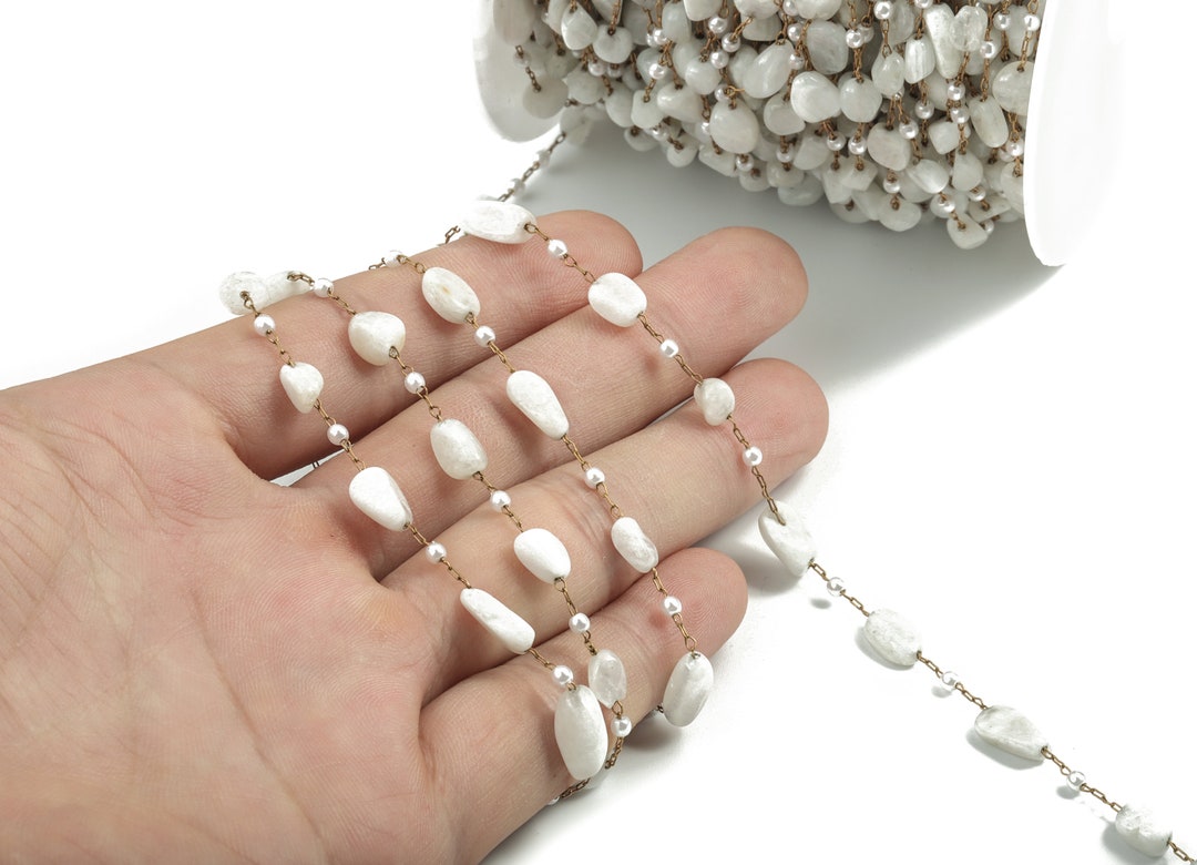 Brass White Stone Chain –raw Brass White Stone Pearl Beaded Chain ...