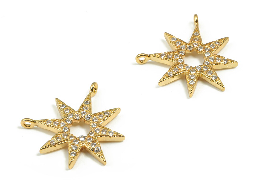 Brass Star Earring Charms With Zircons - Gold Star Pendant - 18K Real ...