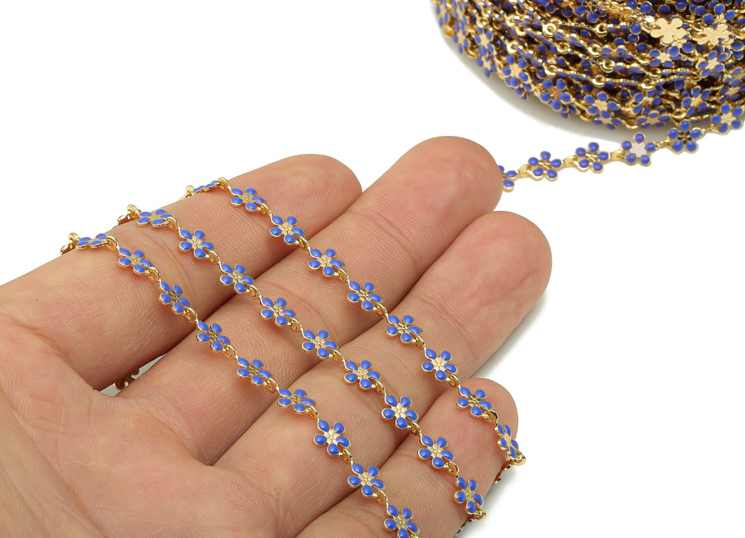 Enamel Daisy Chain - Satellite Bead Cable Chain - Blue Flower Bead ...