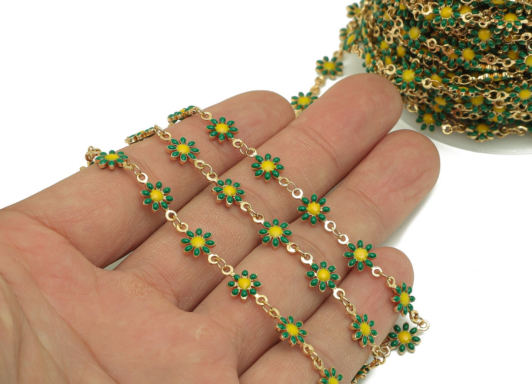 Brass Daisy Chain - Enamel Green Flower Chains - Floral Link Chain ...