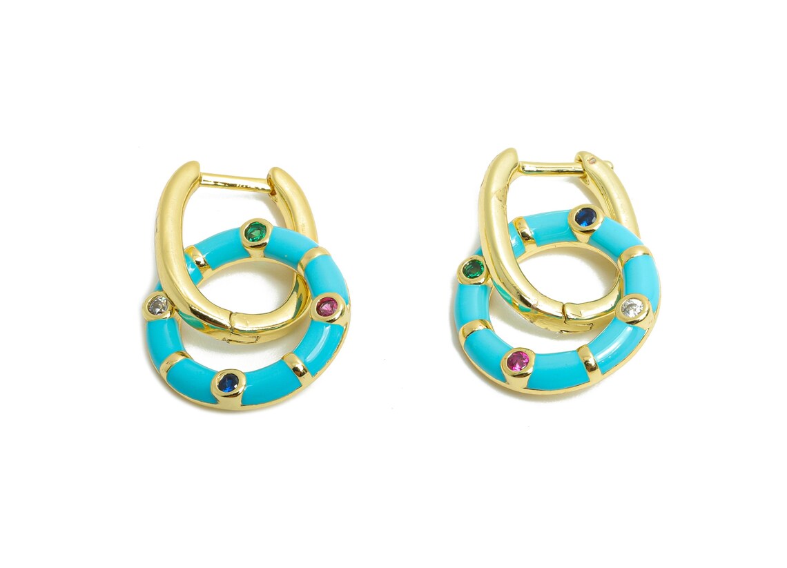 Dangle U Hoop Clasp Earring - Blue Enamel Donut Earring - Brass CZ ...