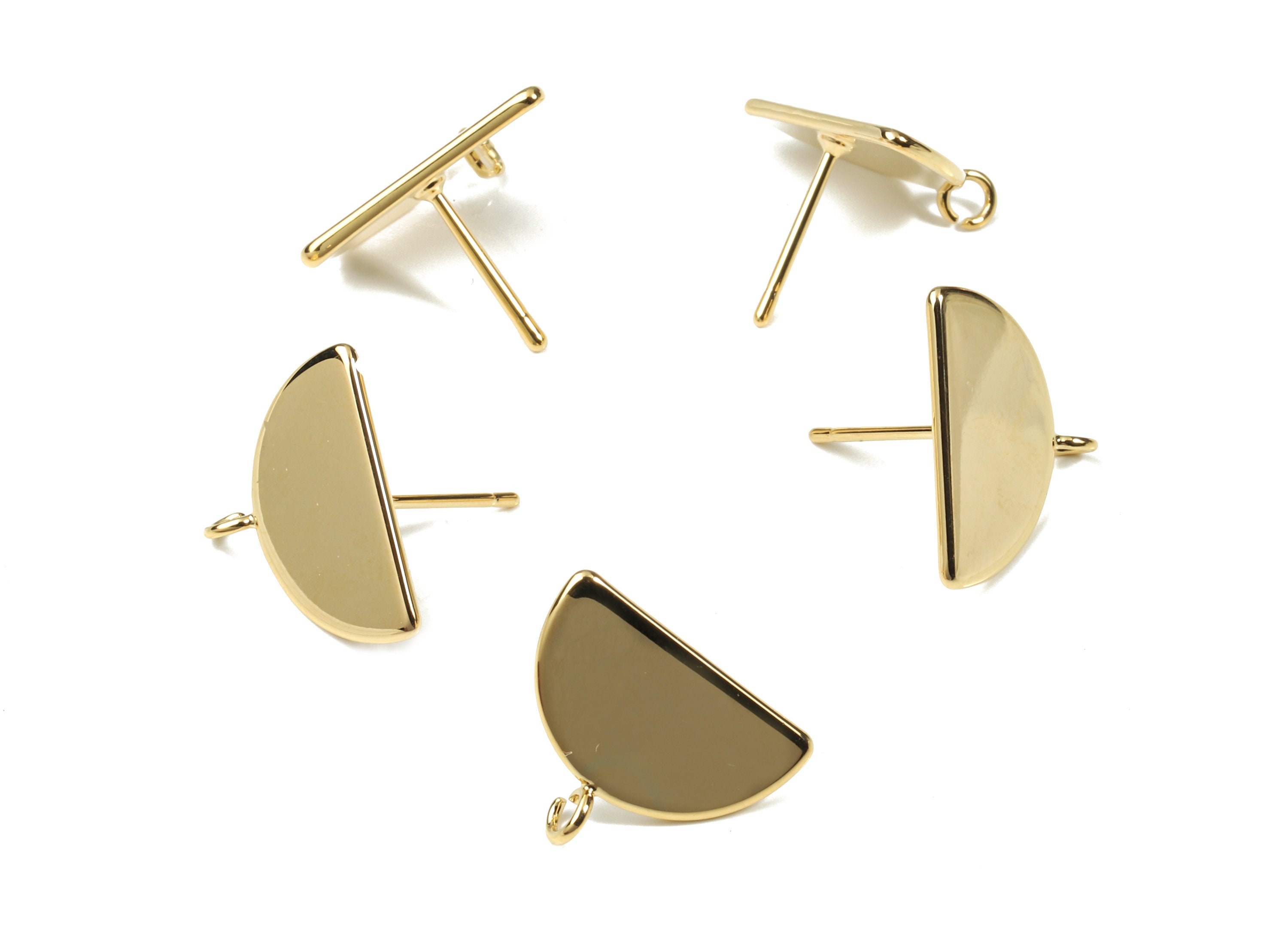 Brass Half Moon Earring Stud With Loop - Gold Semicircle Earring Post ...