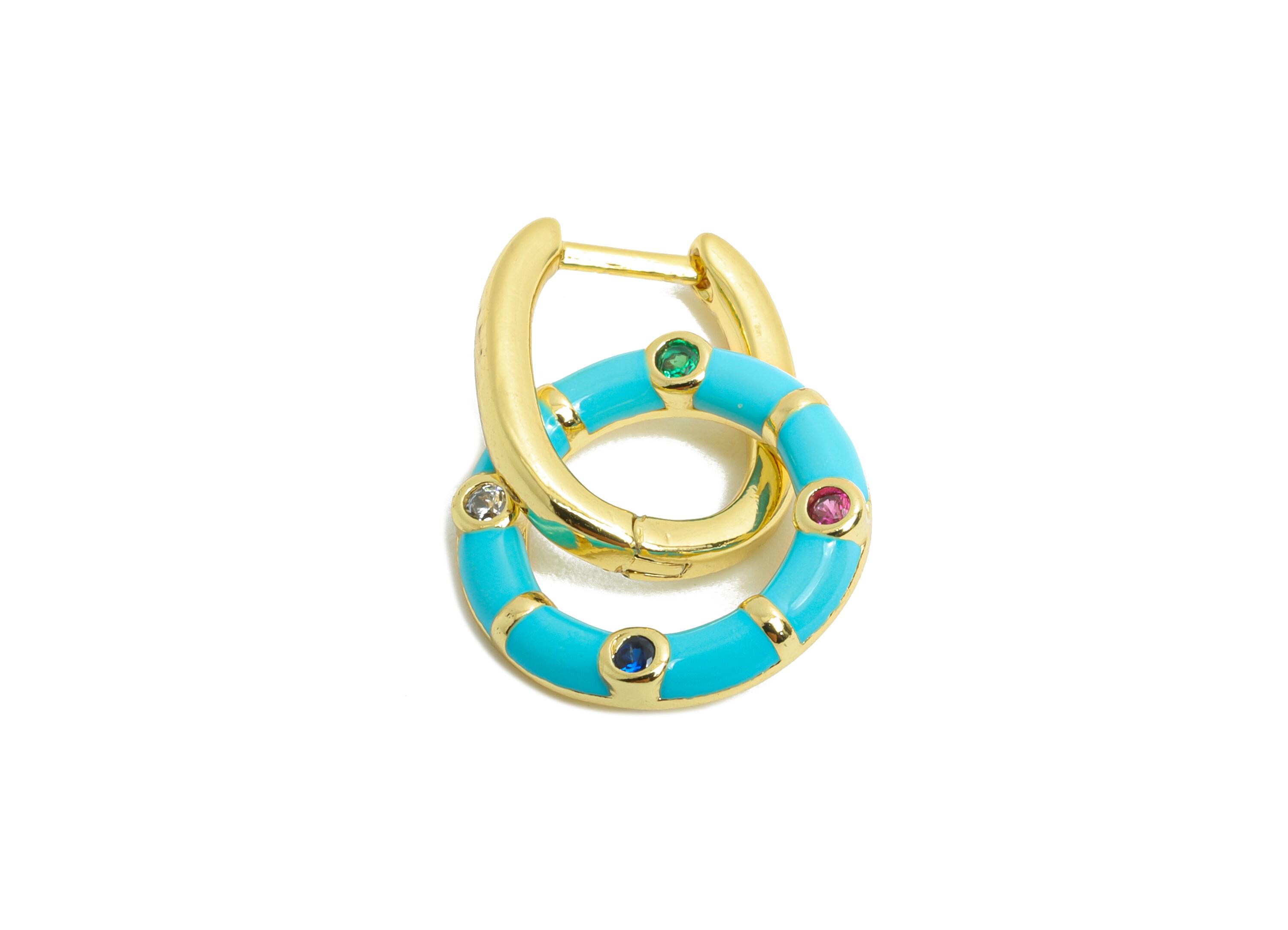 Dangle U Hoop Clasp Earring - Blue Enamel Donut Earring - Brass CZ ...