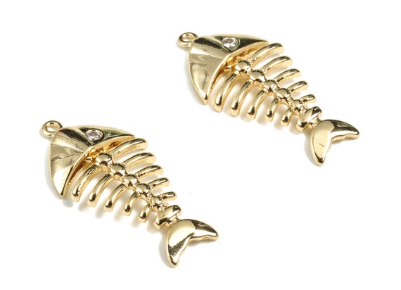 Brass Fish Bone Earring Charms Gold Fish Bone Pendant 18K | Etsy