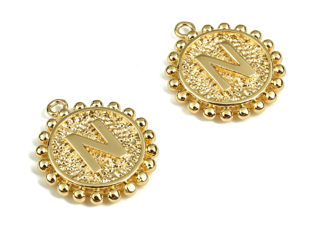 Brass Round Letter N Charms – Initial N Gold Round Pendant – 18K Real ...